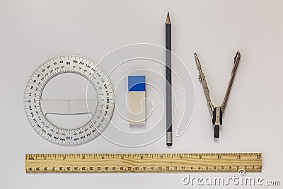 Ruler, Compasses, Eraser, Protractor, Pencil Stock Photo - Image: 52691224