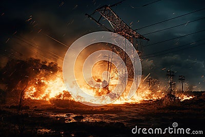 The Rupture Of A Power Line Causing Sparks To Emanate From The Severed ...
