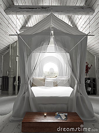 Rustic Charming Bedroom With Draped Canopy Bed . Royalty-Free Stock ...