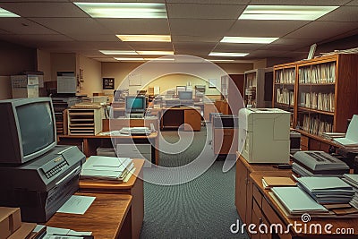 1990s Office Interior With Cubicles, CRT Monitors, And Cluttered Desks ...