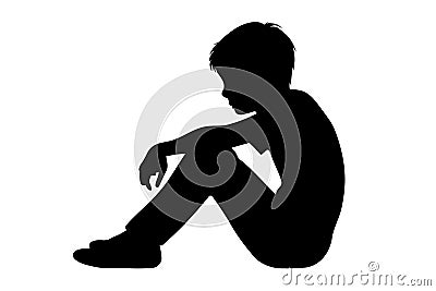 Sad Boy Silhouette. Side Profile Portrait Sitting On Ground Vector ...