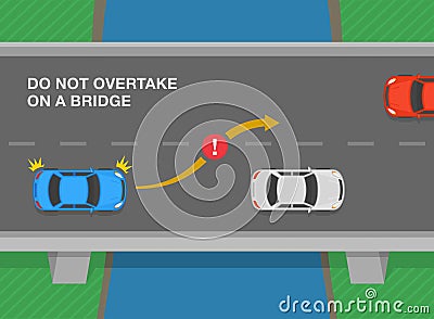 Blue Car Is Passing The Other Car. Do Not Overtake On A Bridge. Safe ...