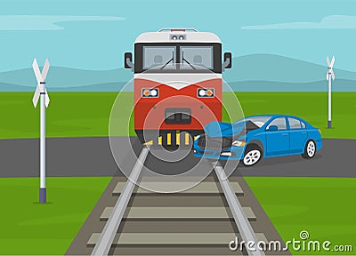 Train Rams Into A Car At Railway Crossing. Car Accident With Train ...