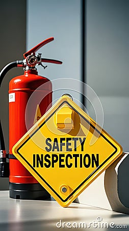 Safety Inspection Sign With Fire Extinguisher In Professional Workplace ...