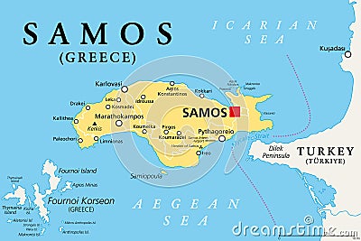 Samos, Greek Island In The Eastern Aegean Sea, Political Map Vector ...