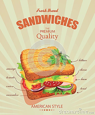 Sandwich Poster In Vintage Style. Stock Vector - Image: 44352364