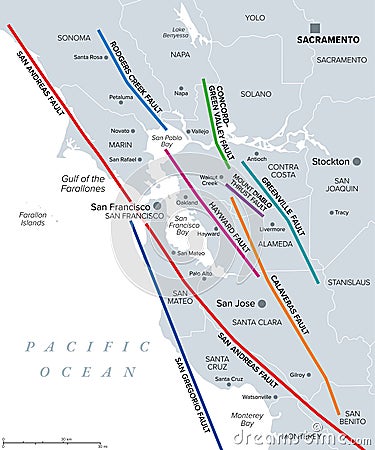 San Francisco Bay Area, Major Fault Lines, Gray Political Map Vector ...