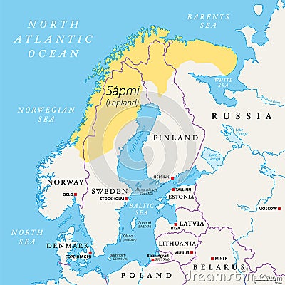Sapmi, Lapland, Cultural Region In Europe, Political Map Cartoon Vector ...