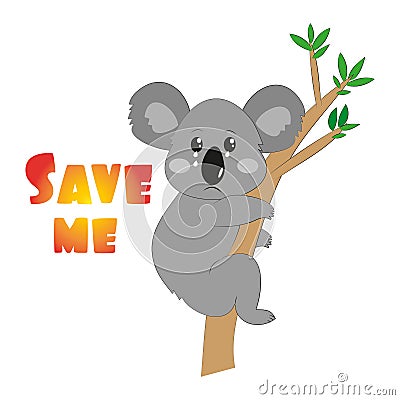 Save Me - Text With Cute Koalas With Eucalyptus Tree. Cartoon Vector ...