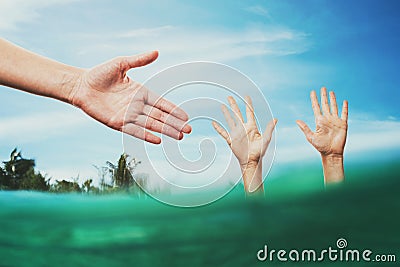 Saving The Drowning. Helping Hand Pulls To Sinking Man In Ocean Stock ...