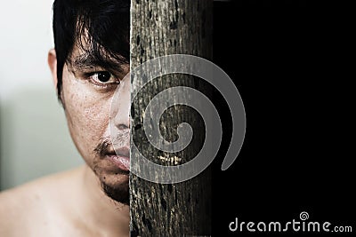 Scary Man Hide Behind Wooden Door Stock Photo | CartoonDealer.com #86216856