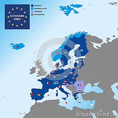 Schengen Area Map With Borders And Flags Of Countries, Europe Cartoon ...