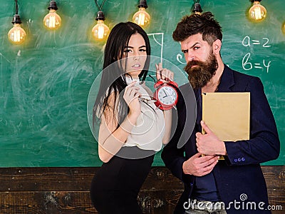 School Rules Concept. Lady Teacher And Strict Schoolmaster Care About ...