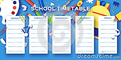 School Weekly Timetable. School Equipment On Every Day. Kids Schedule ...