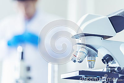 Science Microscope Equipment In Biology Chemical Laboratory. Scientific ...