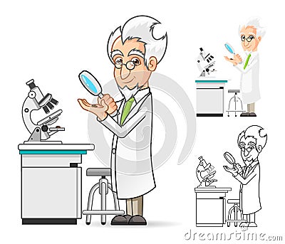 Scientist Cartoon Character Holding A Magnifying Glass With Microscope ...