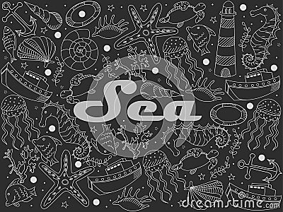 Sea Line Art Design Vector Illustration Chalky | CartoonDealer.com ...