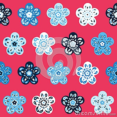 Seamless Blue Floral Motifs Pattern With Pink Background Vector ...
