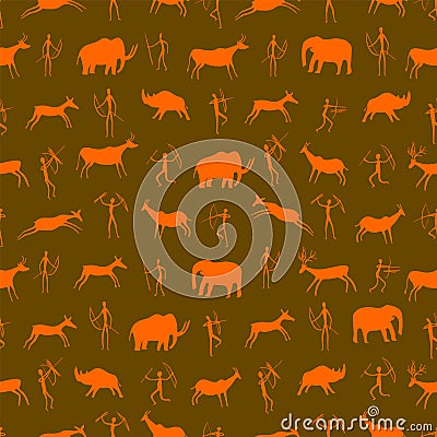Seamless Pattern. Ancient Rock Drawing With Primitive People And ...