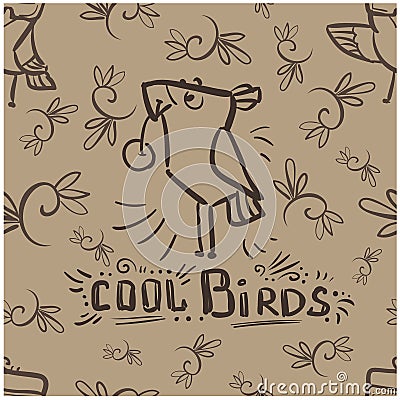 Seamless Pattern Chestnut Doodle Birds With Cherry On Travertine ...