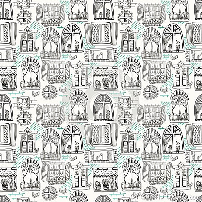 Seamless Pattern With Cute Doodle Cartoon Windows Stock Illustration ...