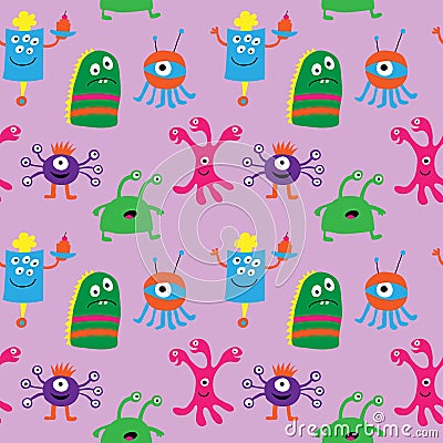 Seamless Pattern With Cute Monsters On A Pink Background Cartoon Vector ...