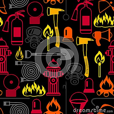 Seamless Pattern With Firefighting Items. Fire Protection Equipment Cartoon Vector ...