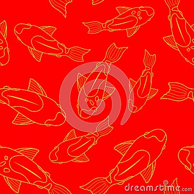 Seamless Pattern With Goldfish Linear Koi Carps Cartoon Vector ...