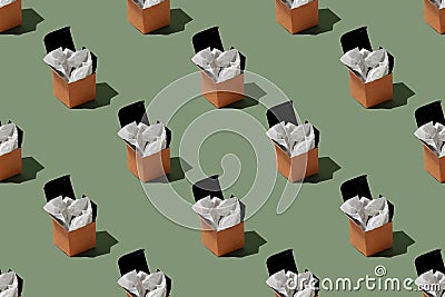 Seamless Pattern Of Open Paper Delivery Box On Green Background Stock ...