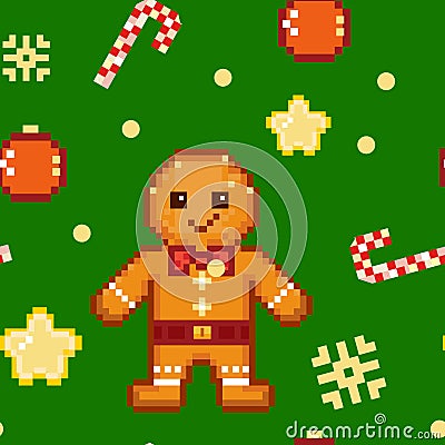 Seamless Pattern Pixel Art Gingerbread Man ,green Background Vector ...