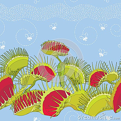 Seamless Pattern With Venus Flytrap Or Dionaea Muscipula And Cartoon White Flies On The Blue ...