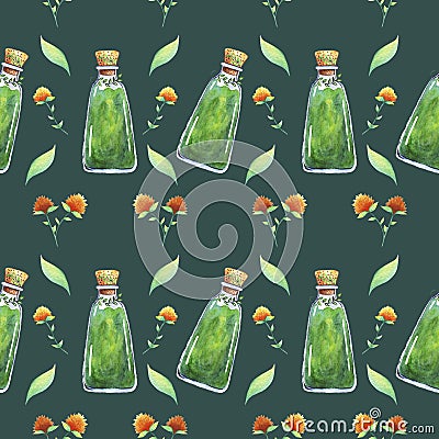 Seamless Pattern Of Watercolor Elements, Potion, Herbal Infusion. Stock ...