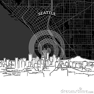 Seattle Skyline With Map Cartoon Vector | CartoonDealer.com #123139087