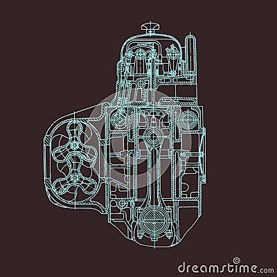 Sectional Drawing Of An Vintafe Two-stroke Diesel Engine With A Blower ...