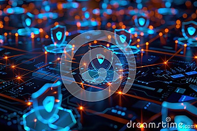 Secure Cybersecurity Networks With Glowing Shields And Digital ...