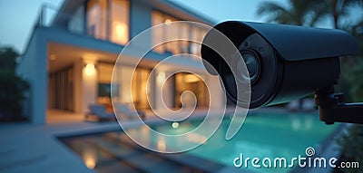 Security Camera In Front Of Modern House And Swimming Pool At Dusk ...