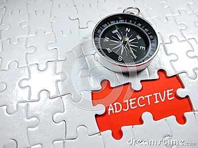 Selective Focus.Word ADJECTIVE With Compass On Jigsaw Puzzle And Red ...