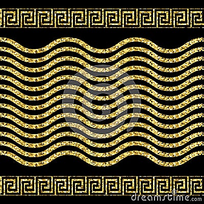 Sequinned Glittery Gold Greek Border Seamless Pattern. Shiny Wave Lines ...