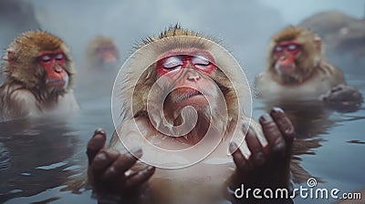 Japanese Winter Landscape, Snow Monkeys Relaxes In A Steaming Onsen ...