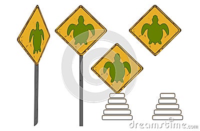 Series Of Warning Road Signs In Yellow With Green Turtles - Vector ...