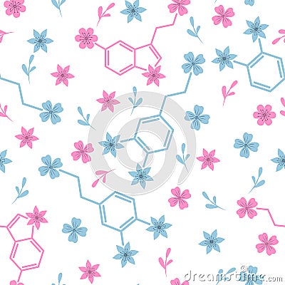Serotonin And Dopamine Molecules And Flowers Seamless Pattern Cartoon ...