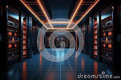 Server Room, Multiple Server Rack Hall In A Darkly Lit Office Stock ...