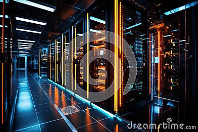 Server Room, Multiple Server Rack Hall In A Darkly Lit Office Royalty ...