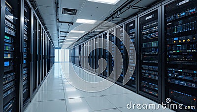 Server Room With Rows Of Black Server Racks Housing Network Equipment ...
