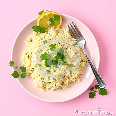 A Serving Of Poha With Cilantro, Lemon, And Sev On A Pastel Pink ...