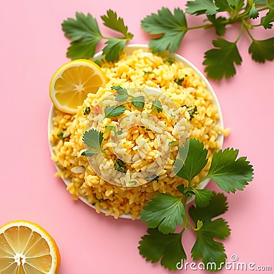 A Serving Of Poha With Cilantro, Lemon, And Sev On A Pastel Pink ...