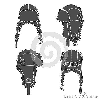 Set Of Black And White Illustrations With Flying Cap With Earflaps ...