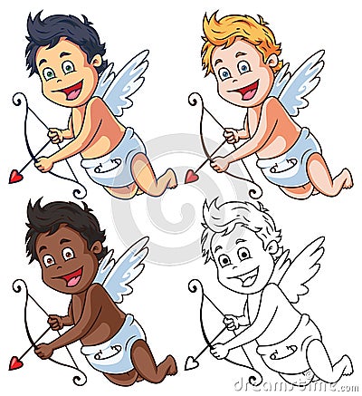 Set Of Cartoon Cupid Characters With Bow And Arrow Vector Illustration ...