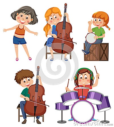 Set Of Cartoon Kids Character With Music Instruments Vector ...