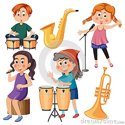 Set Of Cartoon Kids Character With Music Instruments | CartoonDealer ...